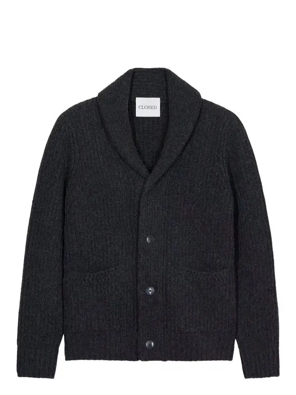 Closed Ribbed Shawl-collar Cardigan - Grey