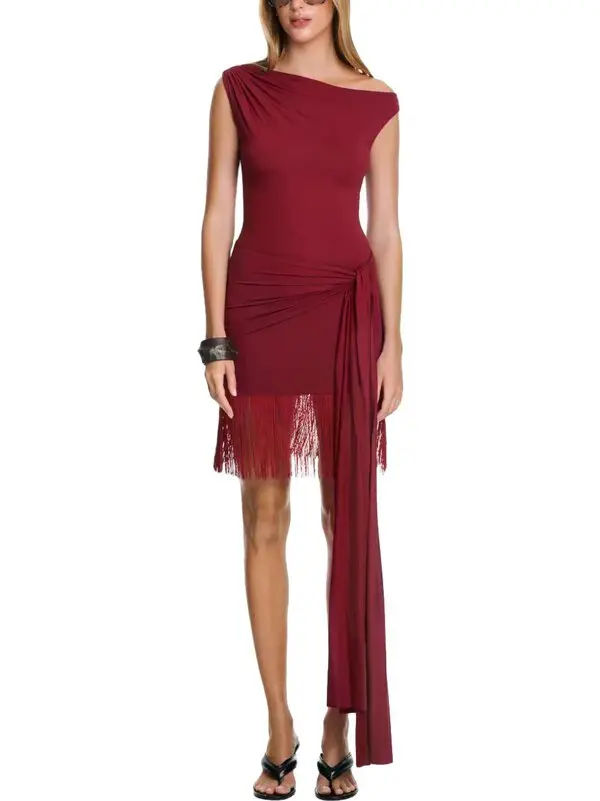 AXEL 113 Tina Fringed-hem Draped Fitted Mini Dress - Red