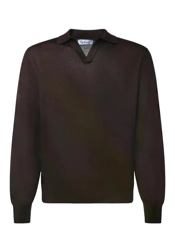 GALIANO Wool Fine-knit Polo Top - Brown