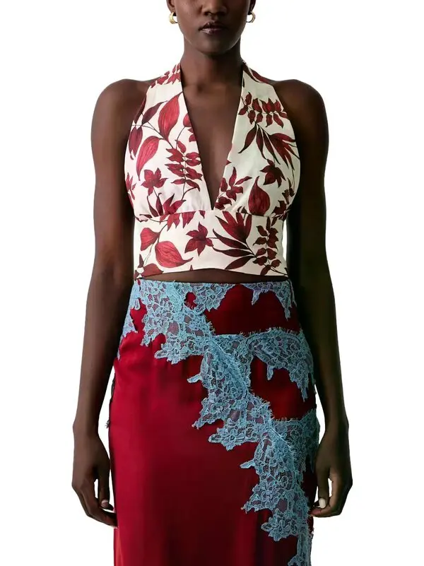 VICOLO Leaf-print Halterneck Crop Top - Red