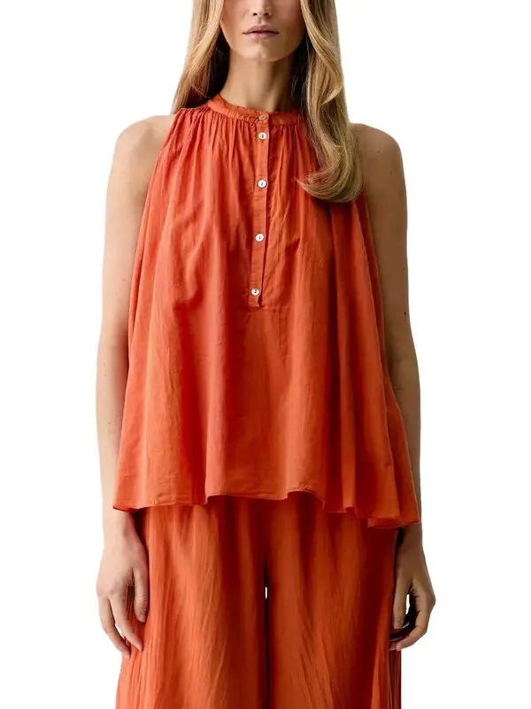 VICOLO Gathered Button-placket Top - Orange
