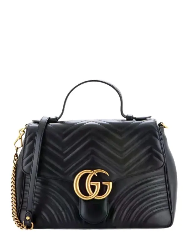 Gucci Gg Marmont Top Handle Flap Bag Matelasse Leather Medium Satchel - Black