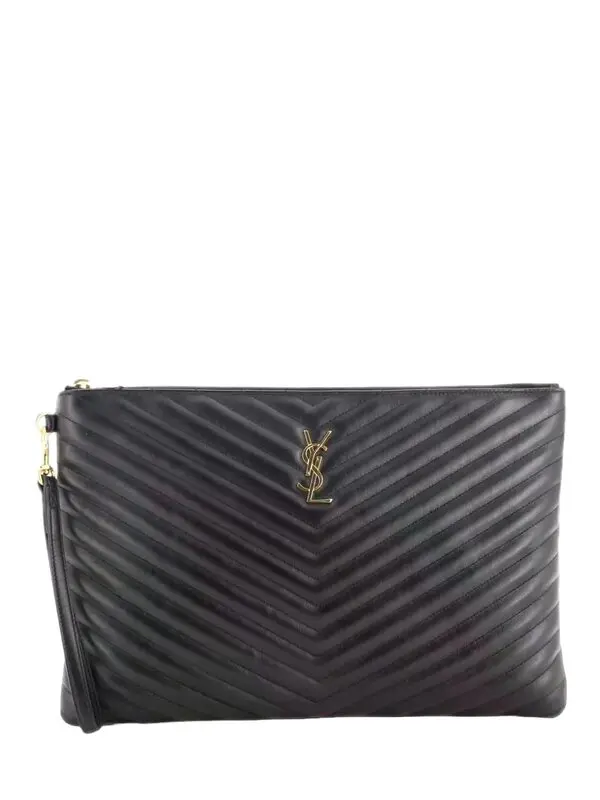 Saint Laurent Classic Monogram Wristlet Pouch Matelasse Chevron Leather Large Clutch Bag - Black