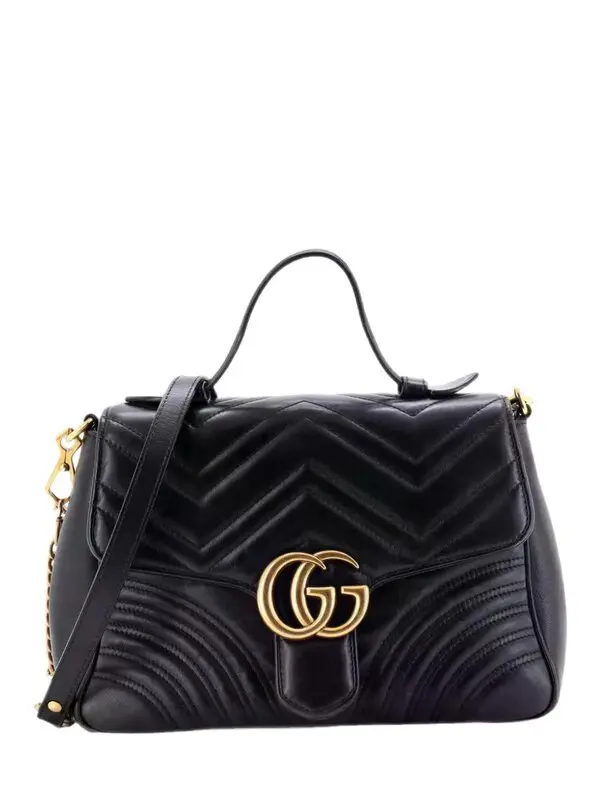 Gucci Gg Marmont Top Handle Flap Bag Matelasse Leather Small Satchel - Black