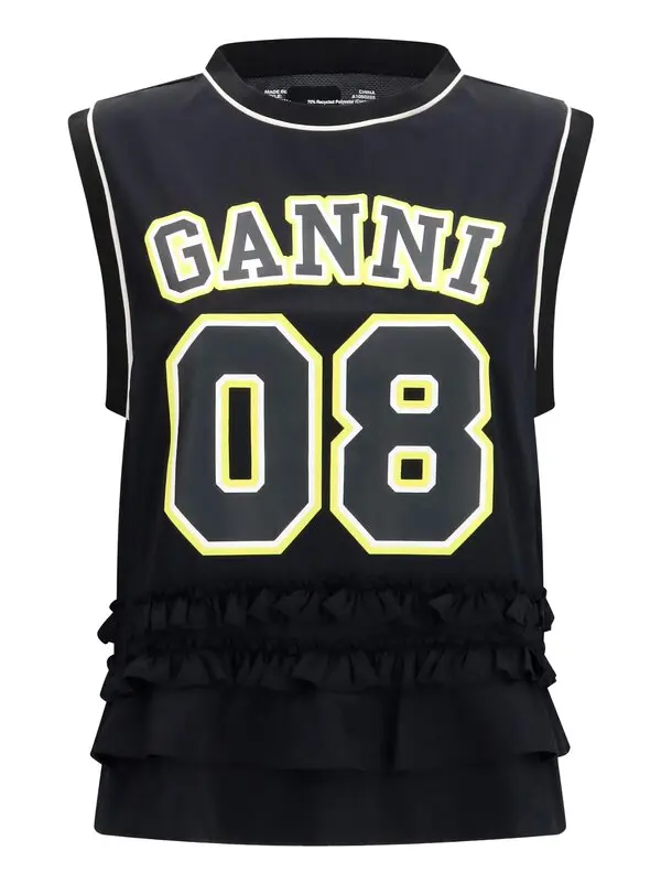 GANNI Cycora Oversized Tank Top With Ruffled Hem - Black
