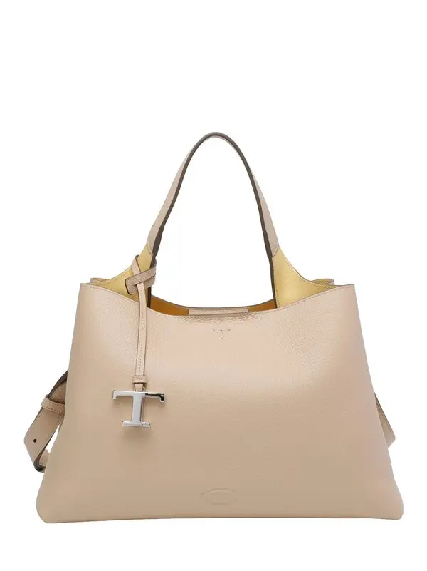 TOD'S Medium Leather Handbag With T Timeless Charm - Cream