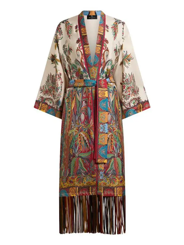 Etro Silk Duster Coat With Fringes And Paisley Foliage Print - Multicolor