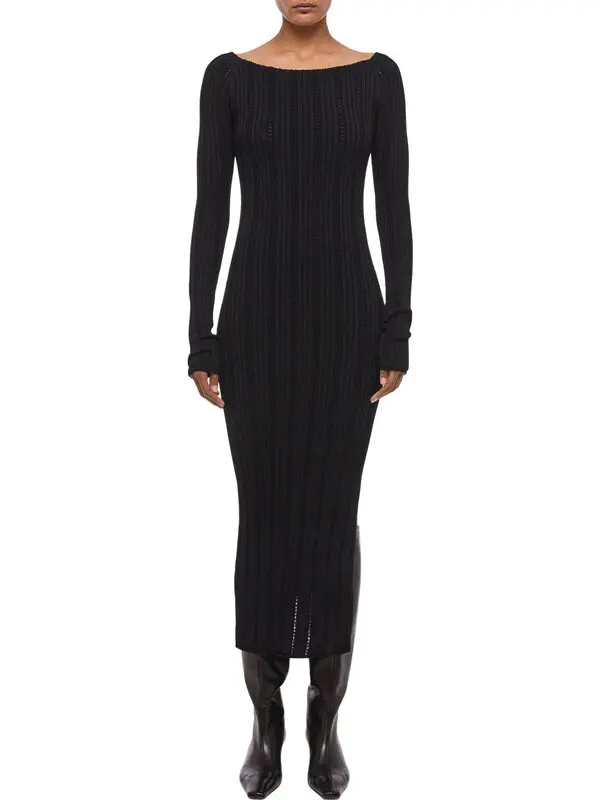 Helmut Lang Wide Rib Knit Boatneck Midi Dress - Black