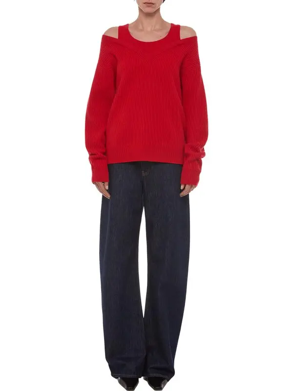 Helmut Lang Ribbed Wool Layered V-neck Sweater - Red