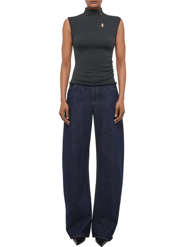Helmut Lang Wool Sleeveless Button Mock Neck Top - Green