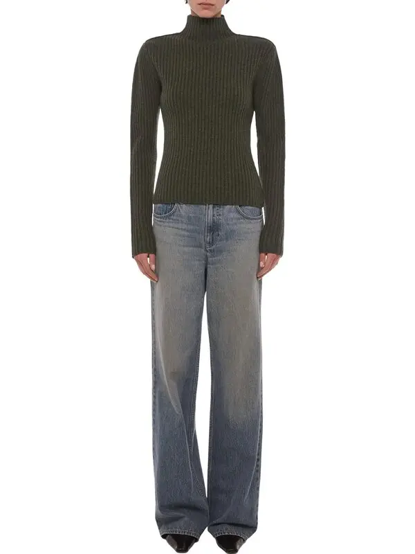 Helmut Lang Ribbed Wool Mock Neck Sweater - Green