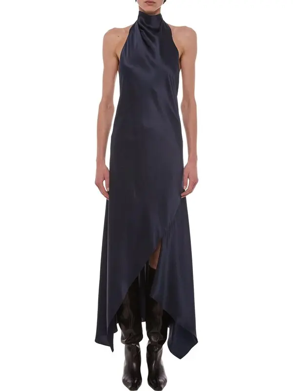 Helmut Lang Silk Tie Scarf Halter Dress - Blue