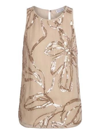 Brunello Cucinelli Sequin Embroidered Silk Blend Chiffon Top - Beige
