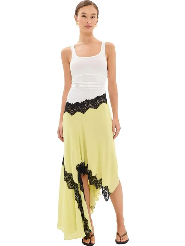 Christopher Esber Cutaway Lace Gathered Tank Silk Dress - Chartreuse/multi