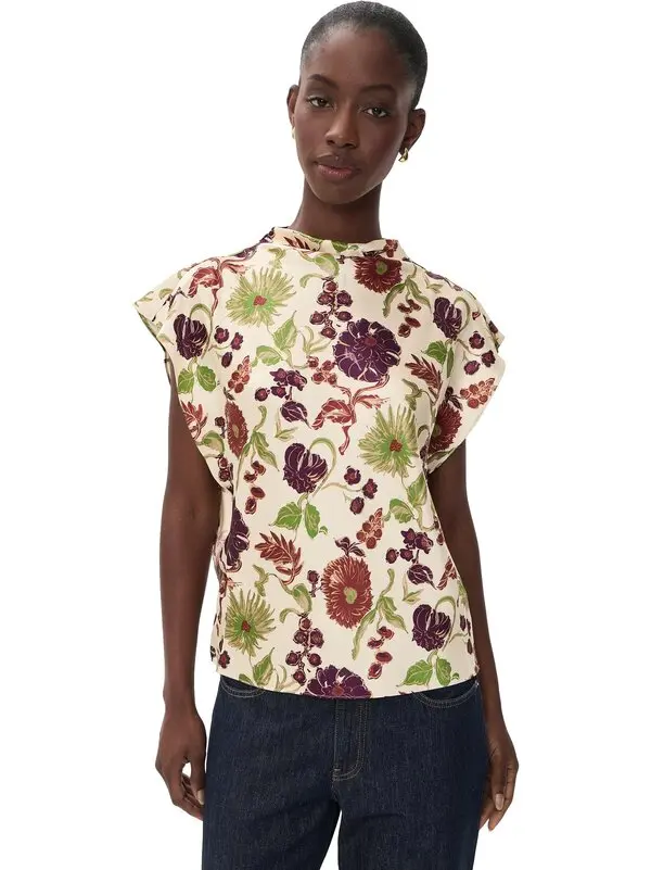 Tanya Taylor Adrien Floral Print Cap Sleeve Top - Cream Multi