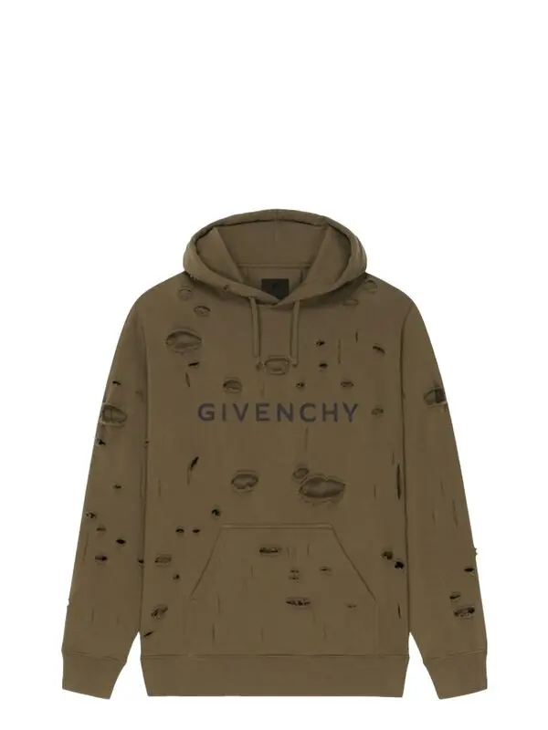 Givenchy Hooded Felpa Sweatshirt With Destroyed Effect - Khaki
