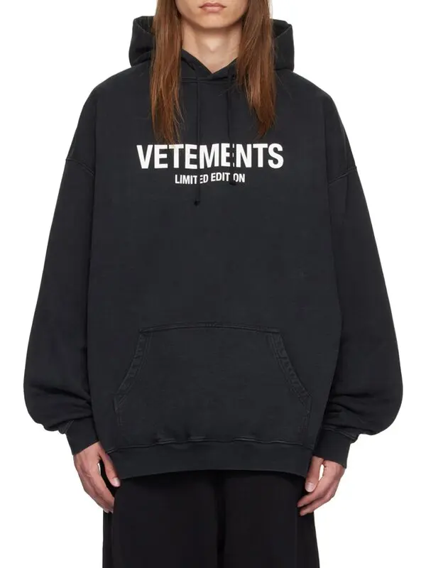 Vetements Logo Printed Drawstring Hoodie - Black