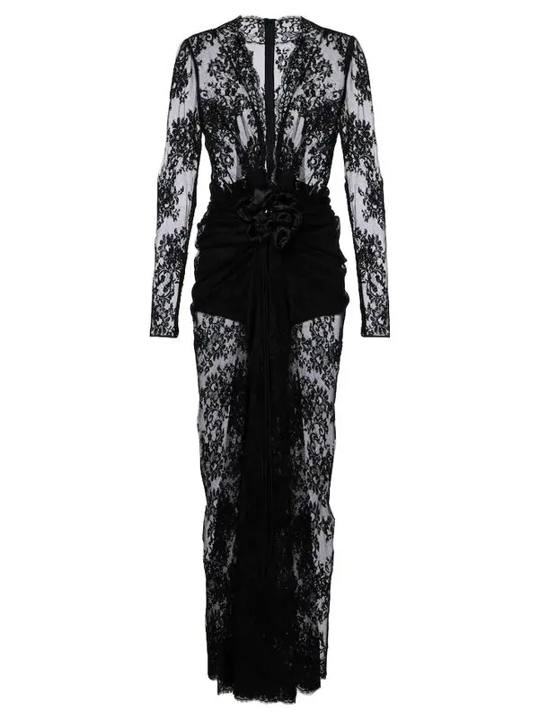 Dolce & Gabbana Gathered Cotton-blend Lace Maxi Dress - Black