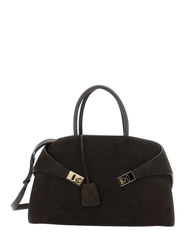 FERRAGAMO Hug Bicolor Handbag With Logo And Gancini Buckle In Leather - Brown