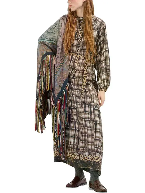 PIERRE-LOUIS MASCIA Leopard-print Plaid-pattern Maxi Shirt Dress - Brown