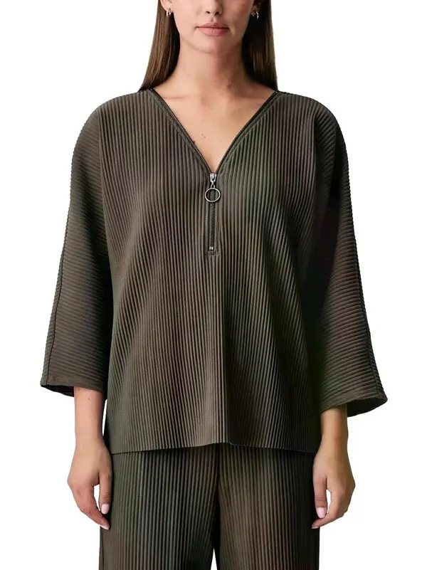 Joseph Ribkoff Plissé Quarter Zip Blouse - Green