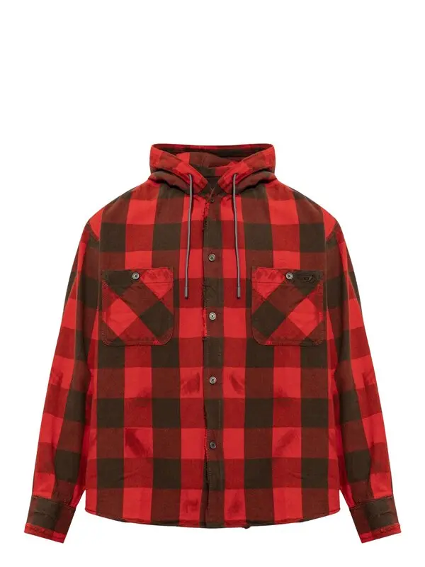 DIESEL® Distressed Flannel Check Hooded Shirt - Red
