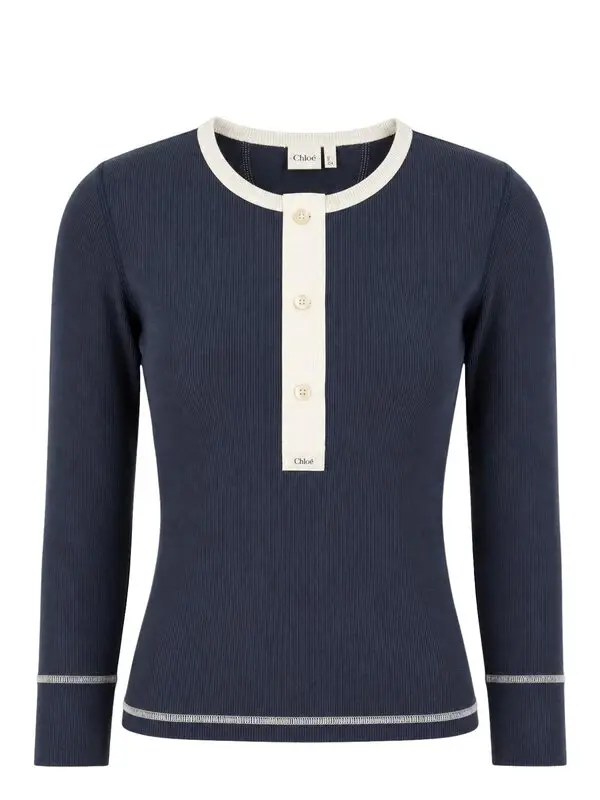 Chloé Long Sleeve Henley Knit Top - Multicolor