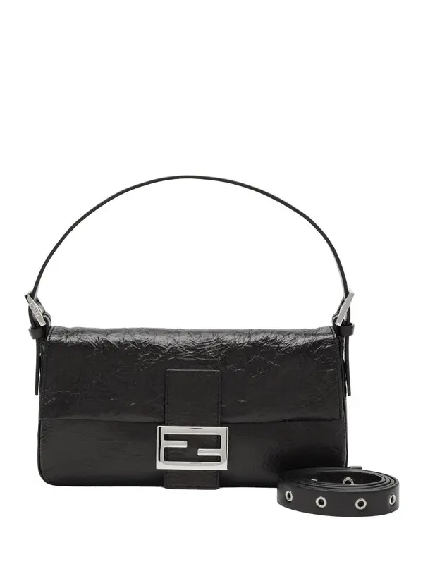 Fendi Glossed Crinkled Leather Baguette - Black