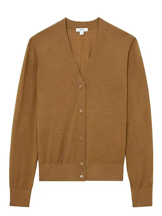 REISS Simi V-neck Wool Cardigan - Camel