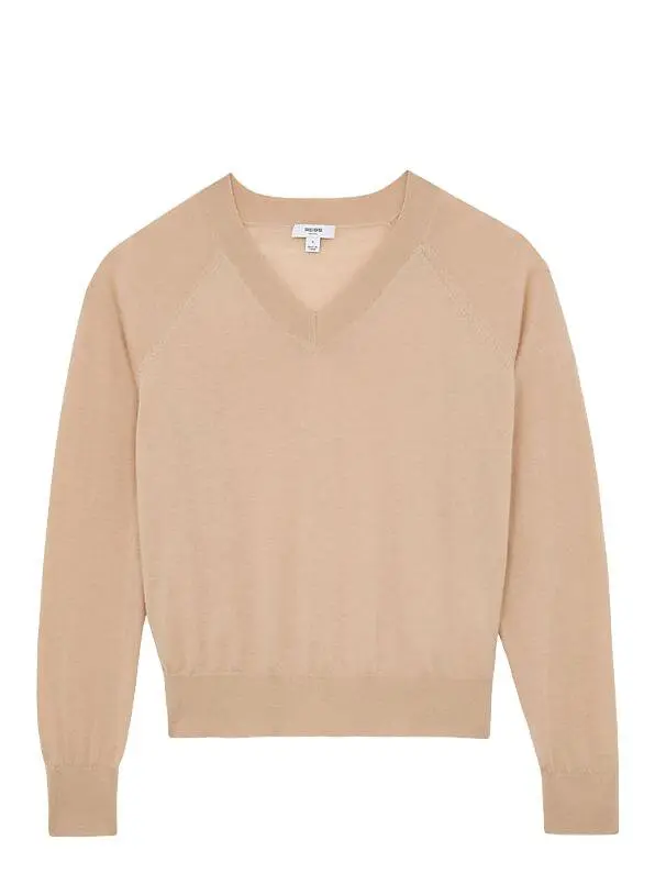 REISS Paris V-neck Wool Jumper - Camel