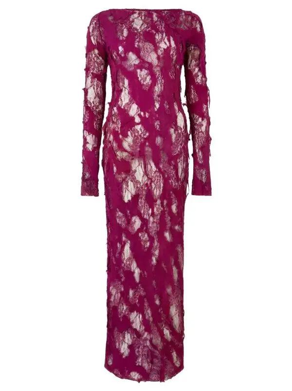 Roberto Cavalli Lace-overlay Frayed Maxi Dress - Purple