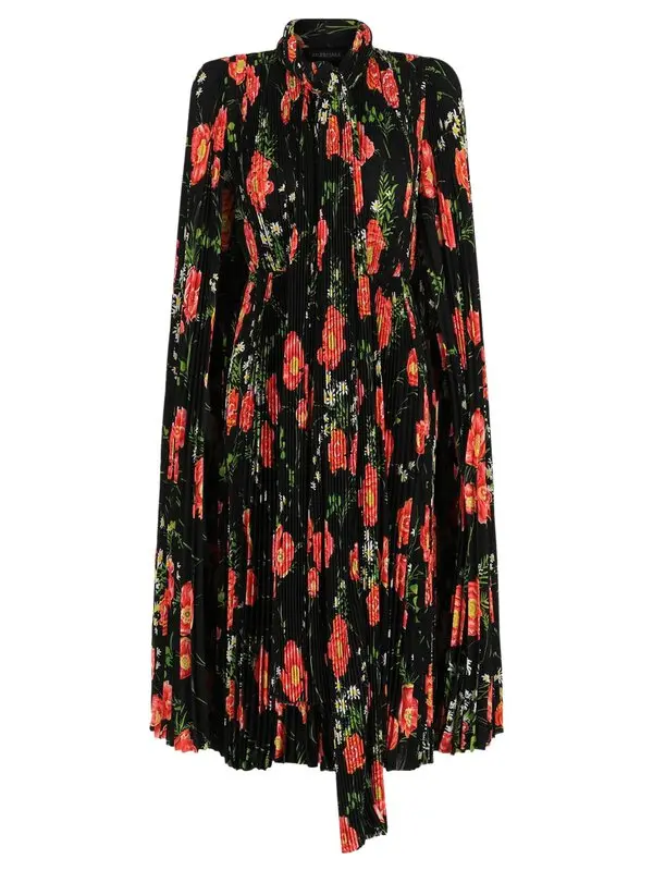 Balenciaga Pleated Floral Midi Dress - Black