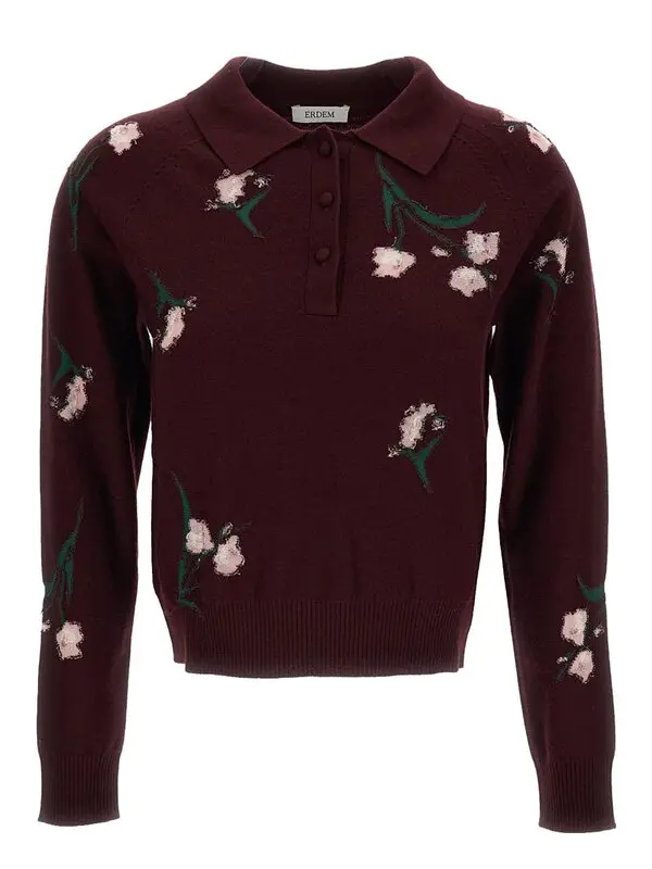 Erdem Merino Wool Floral Intarsia Polo - Bordeaux