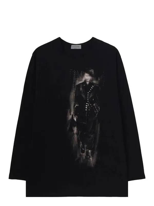 YOHJI YAMAMOTO POUR HOMME Graphic Long-sleeve Round Neck Top - Black
