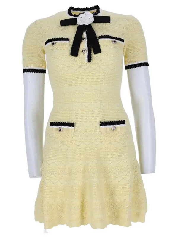 SELF-PORTRAIT Knit Mini Dress With Bow Detail - Yellow