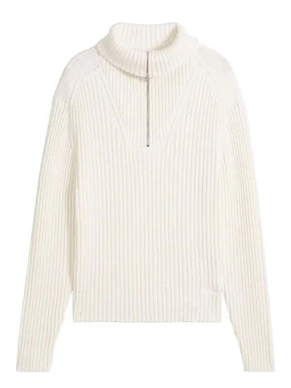Hugo Ribbed Cotton Sweater With Zipper Neck - White