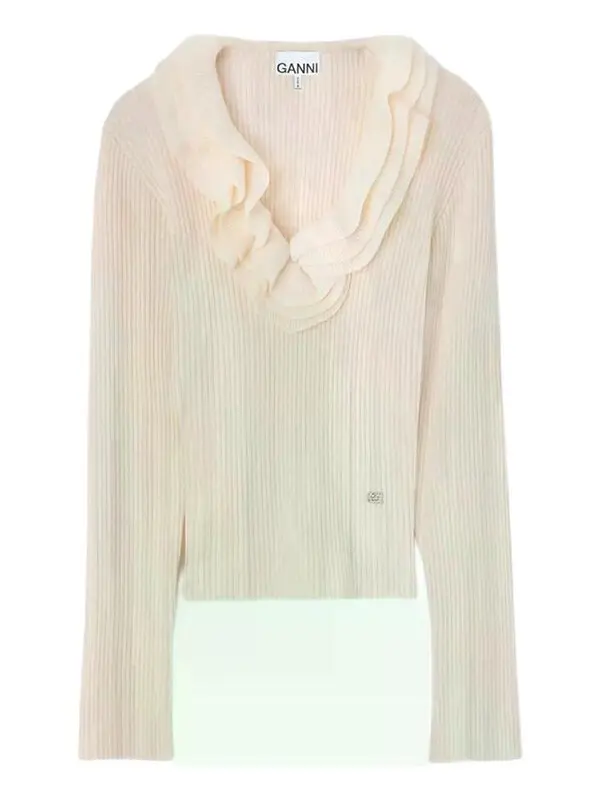 GANNI Ribbed Merino Wool Ruffled V-neck Top - Neutrals