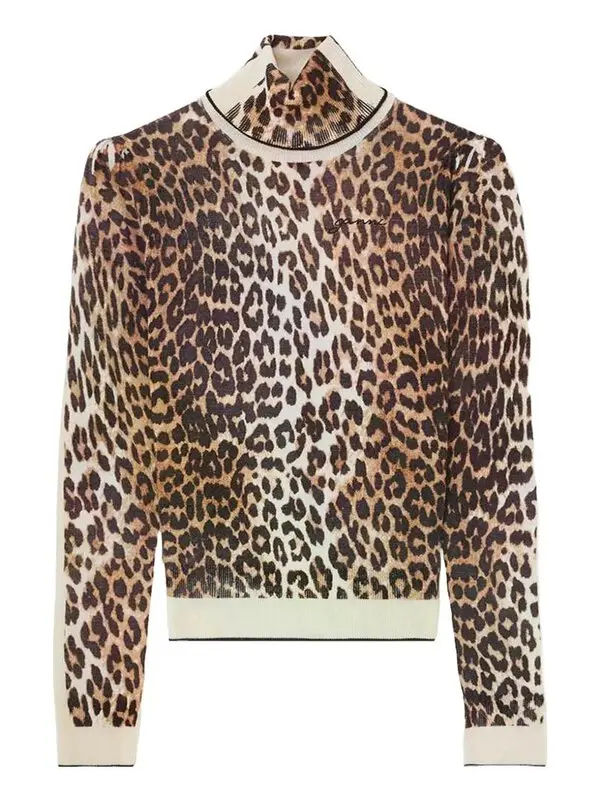 GANNI Leopard-print Turtleneck Top - Brown