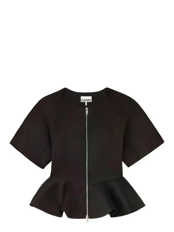 GANNI Satin Peplum Zip-up Blouse - Black