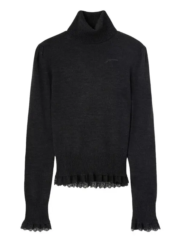GANNI Merino Wool Lace-trim Turtleneck Sweater - Grey