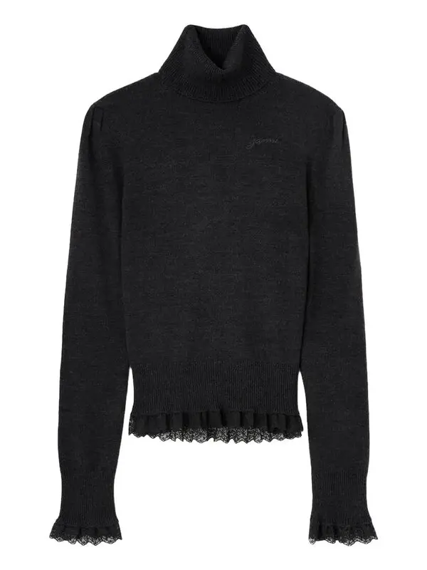 GANNI Merino Wool Lace-trim Turtleneck Sweater - Grey