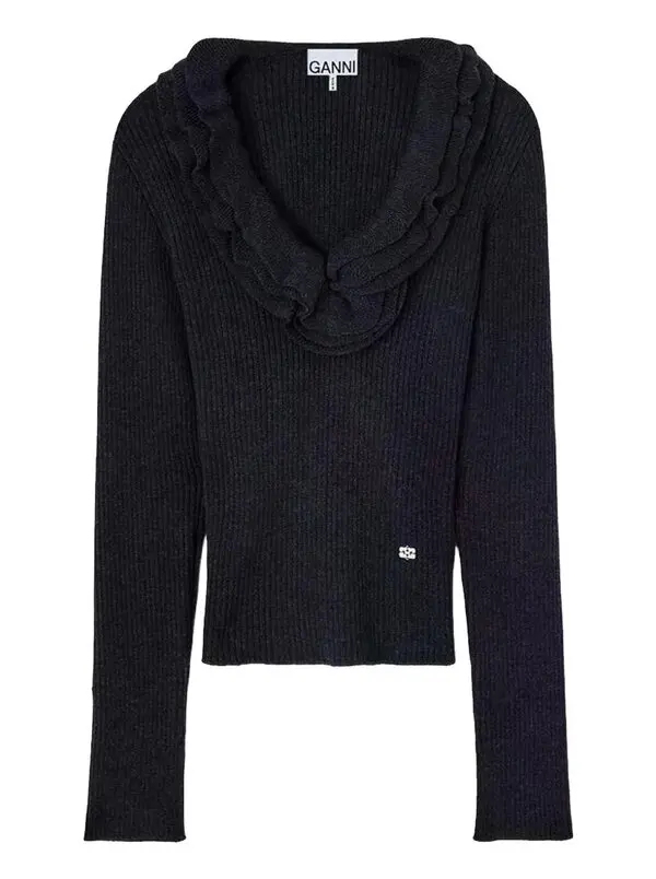GANNI Ribbed Merino Wool Ruffled V-neck Top - Grey