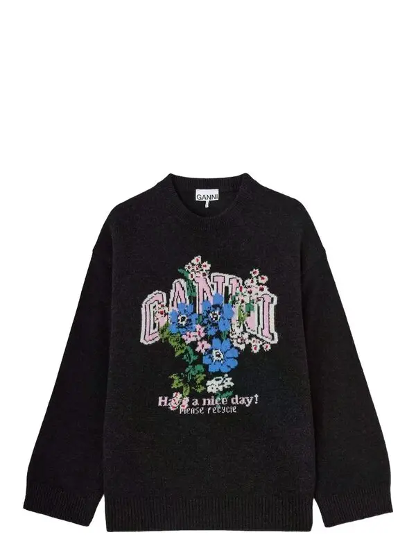 GANNI Floral Intarsia Oversized Sweater - Black