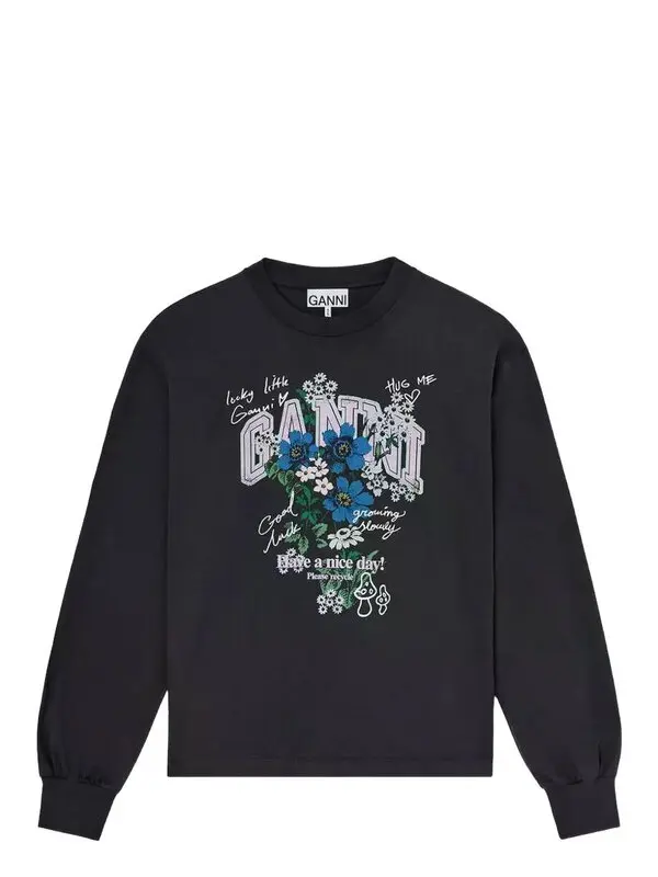 GANNI Floral-print Long-sleeve T-shirt - Black