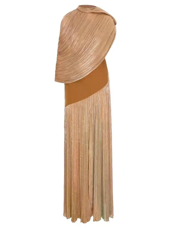 V:PM ATELIER Pleated Cape-effect Maxi Dress - Brown