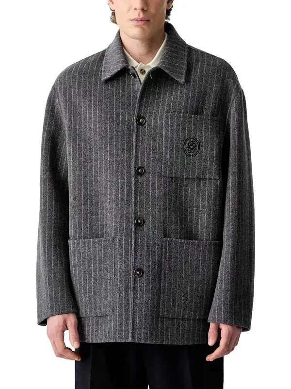 Drole De Monsieur Pinstripe-pattern Logo-embroidered Shirt Jacket - Grey