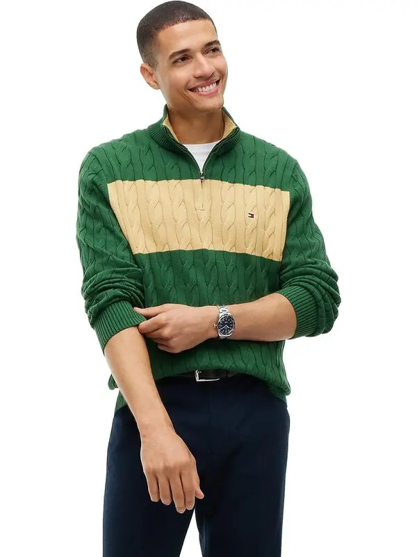 Tommy Hilfiger Cable Knit Striped Quarter-zip Sweater - Deep Evergreen