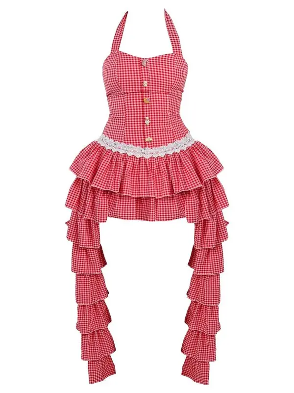 28NATELIER Gingham Halter Mini Dress - Pink/red