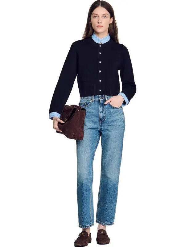 Sandro Two-tone Origami Collar Cardigan - Navy Blue