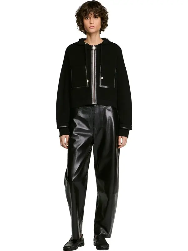 Sandro Hooded Cardigan With Leather Trim - Black